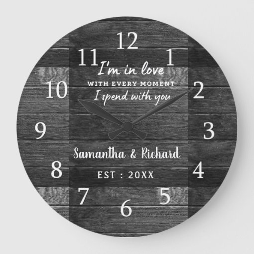 Rustic Black Wood Love Quote Wedding Anniversary Large Clock | Zazzle