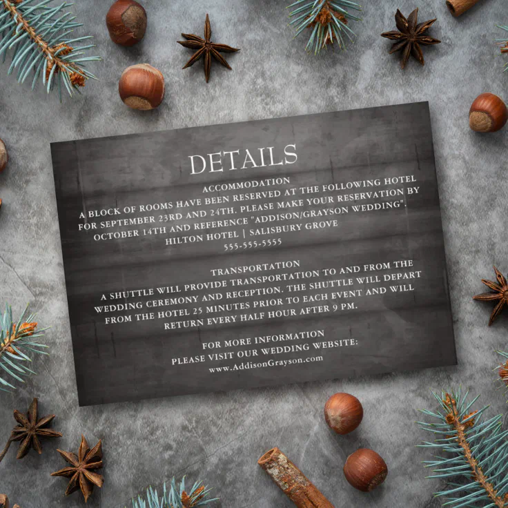 Rustic Black Wood String Lights Wedding Details Enclosure Card | Zazzle