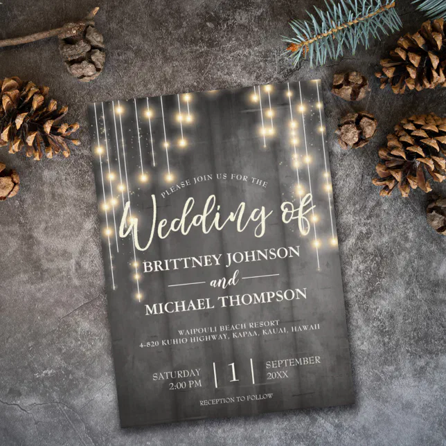Rustic Black Wood String Lights Wedding Invitation | Zazzle
