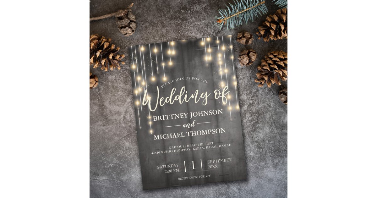 Rustic Black Wood String Lights Wedding Invitation | Zazzle