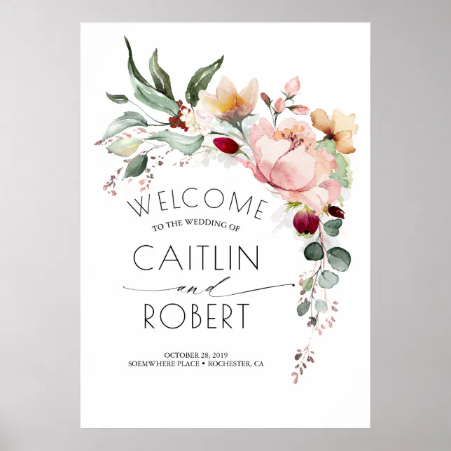 Rustic Bloom Cascading Flowers Fall Wedding Poster | Zazzle