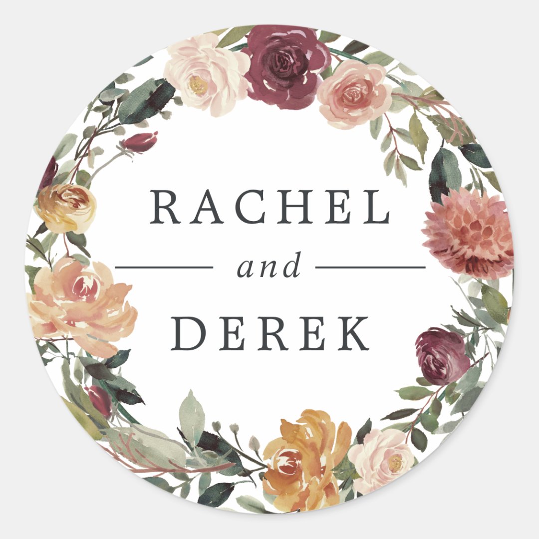 Rustic Bloom | Floral Wreath Wedding Classic Round Sticker | Zazzle