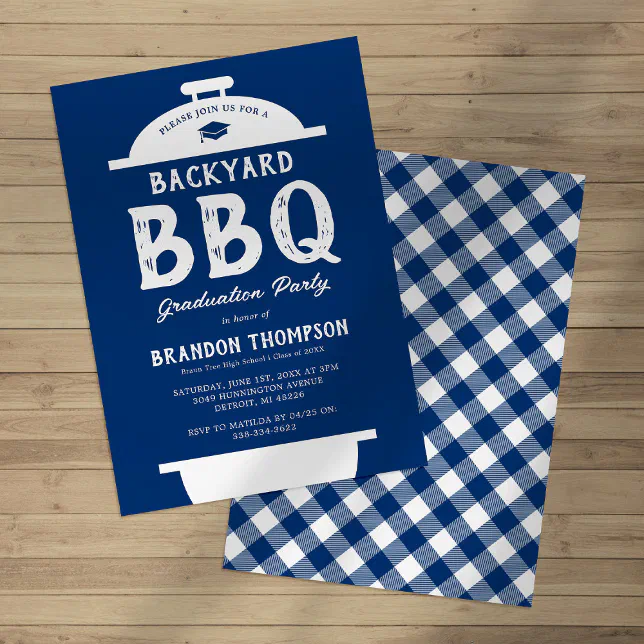 Rustic Blue Backyard BBQ Graduation Party Invitation | Zazzle