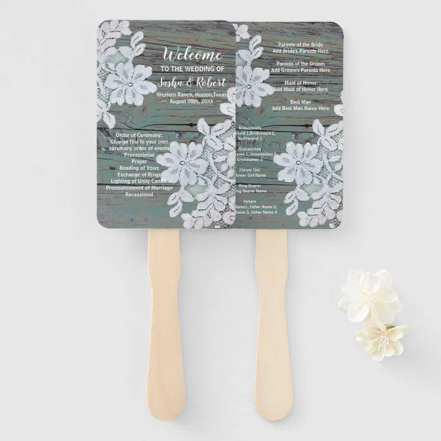Rustic blue barn wood and lace wedding programs hand fan | Zazzle