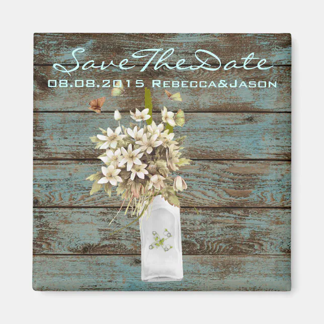 rustic blue barn wood wildflower country wedding magnet | Zazzle
