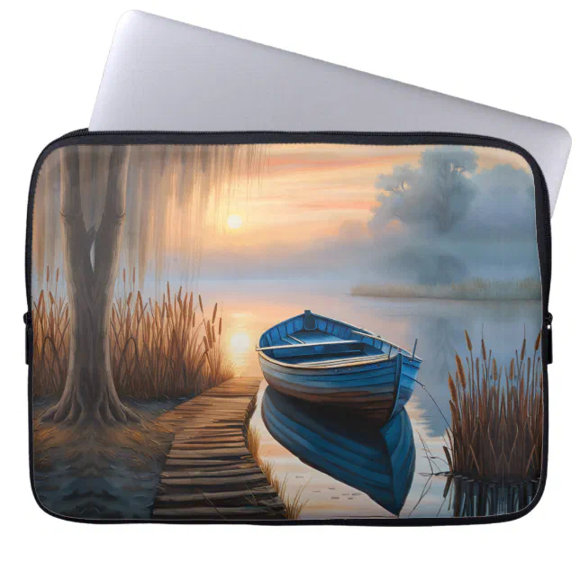 Rustic blue boat Morning Sky Reflection Laptop Sleeve | Zazzle