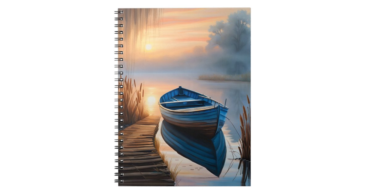 Rustic blue boat Morning Sky Reflection Notebook | Zazzle