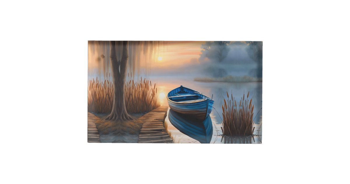 Rustic blue boat Morning Sky Reflection Place Card Holder | Zazzle