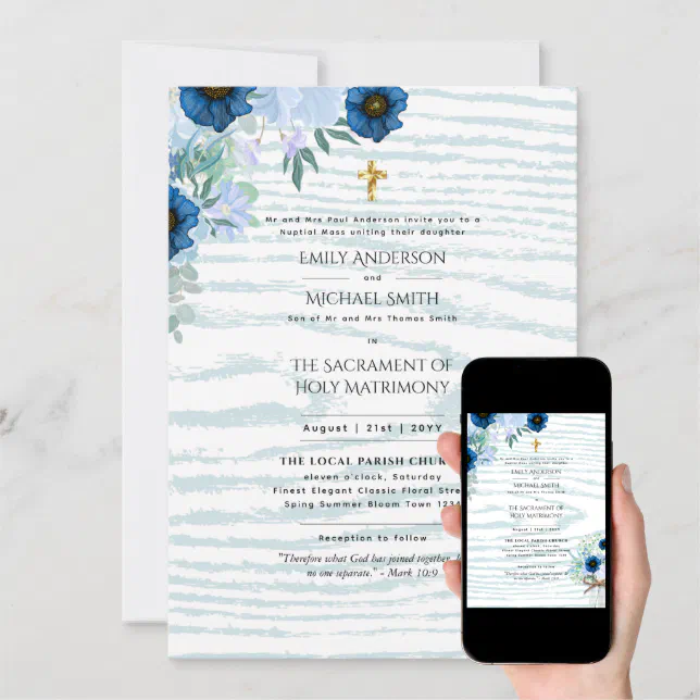 Rustic Blue Catholic Nuptial Mass Wedding Invitation | Zazzle