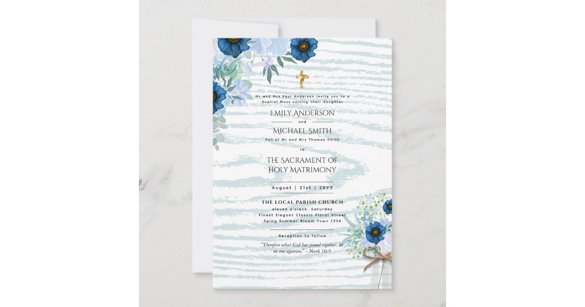 Rustic Blue Catholic Nuptial Mass Wedding Invitation | Zazzle