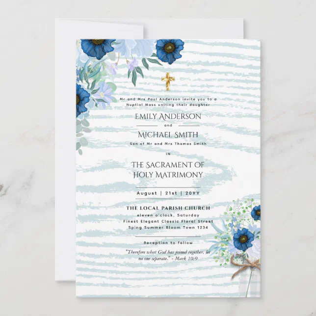 Rustic Blue Catholic Nuptial Mass Wedding Invitation | Zazzle