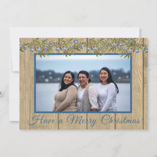 Rustic Blue Family Photo Merry Christmas Holiday Card | Zazzle
