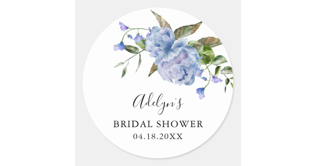 Rustic Blue Floral Bridal Shower Favor Classic Round Sticker | Zazzle