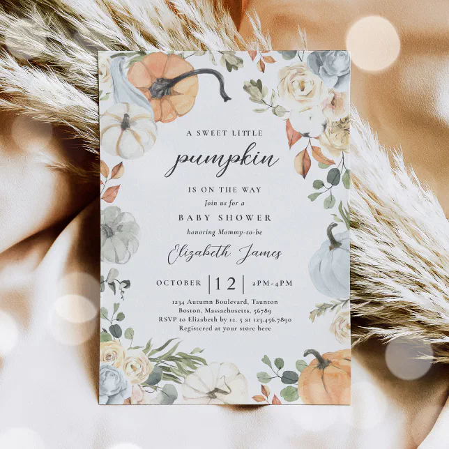 Rustic Blue Floral Pumpkin Boy Baby Shower Invitation | Zazzle