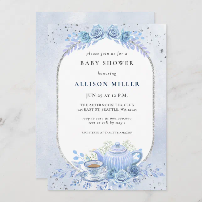 Rustic Blue Floral Tea Party Baby Shower Invitation | Zazzle