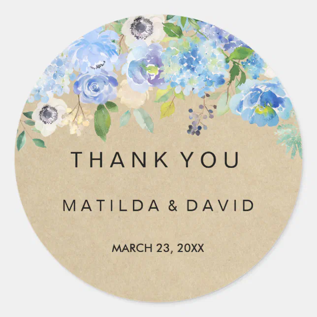 Rustic Blue Floral Thank You Wedding Sticker | Zazzle