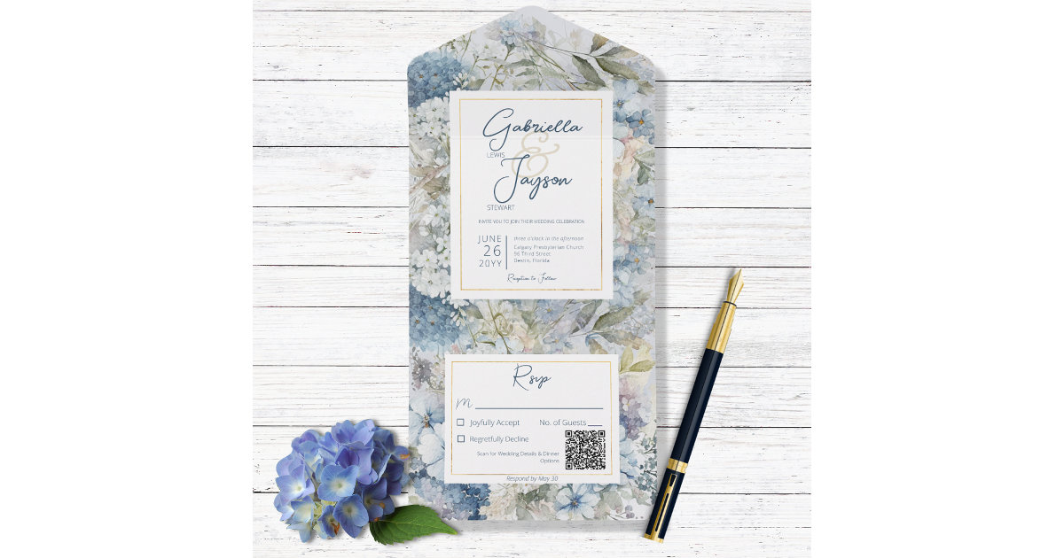 Rustic Blue Floral Watercolor QR Code All In One Invitation | Zazzle