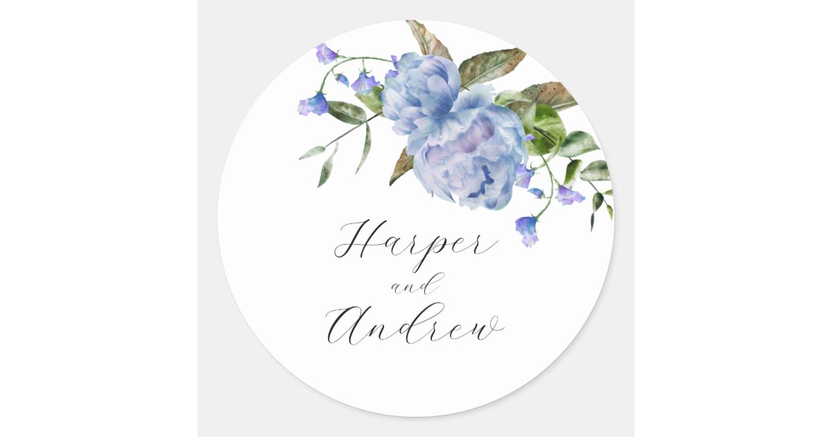 Rustic Blue Floral Wedding Favor Classic Round Sticker | Zazzle