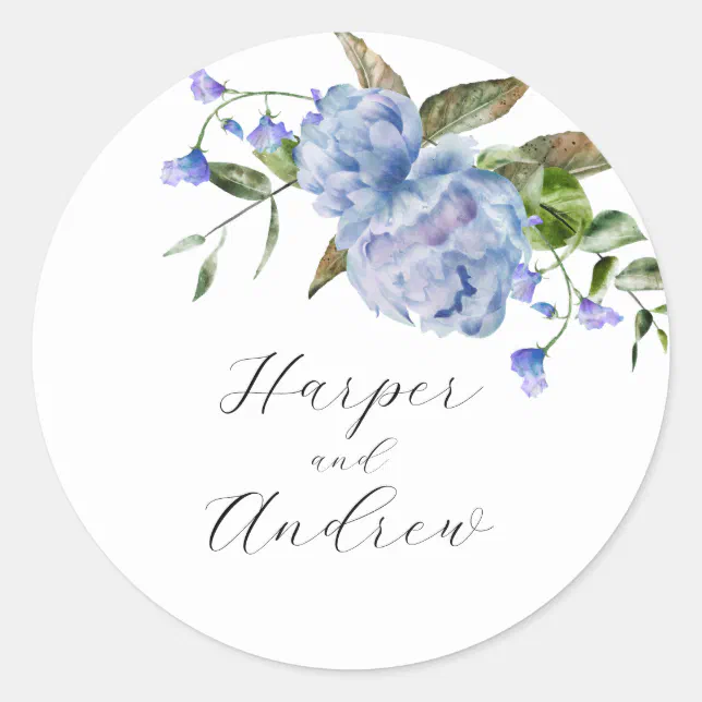 Rustic Blue Floral Wedding Favor Classic Round Sticker | Zazzle