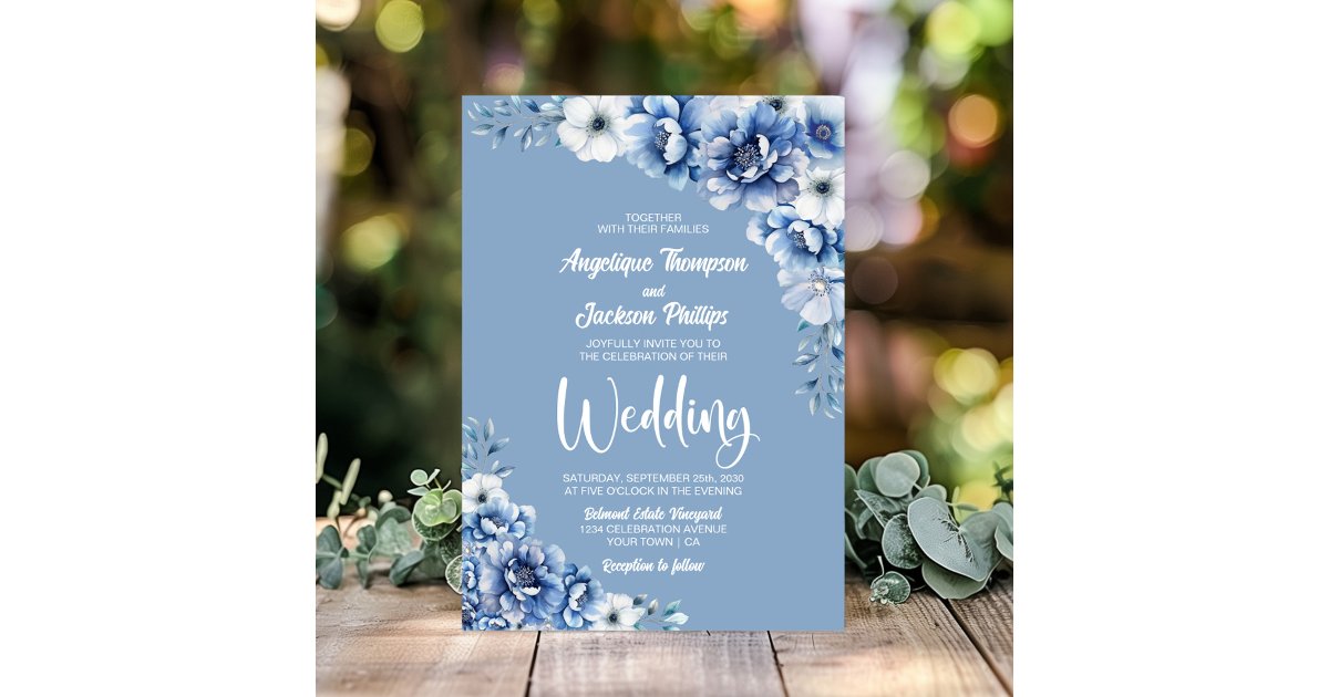 Rustic Blue Floral Wedding Invitation | Zazzle