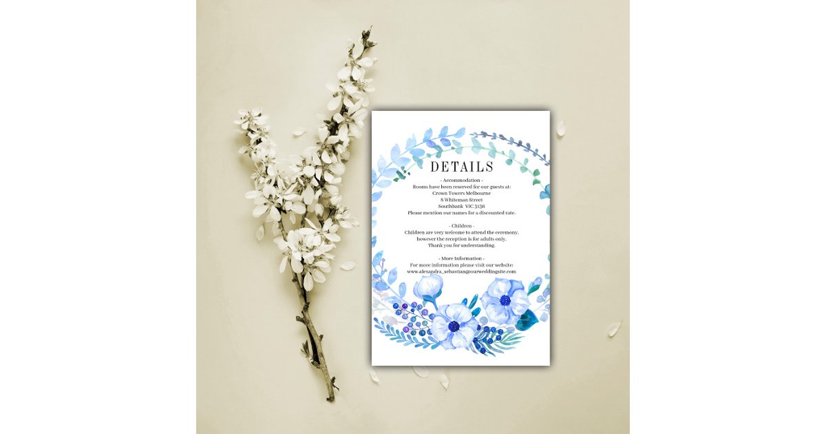Rustic Blue Floral Wedding Wreath Details Enclosure Card | Zazzle