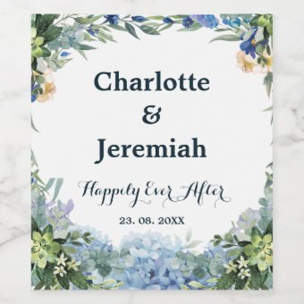 Rustic Blue Floral Wreath Greenery Wedding Wine Label | Zazzle