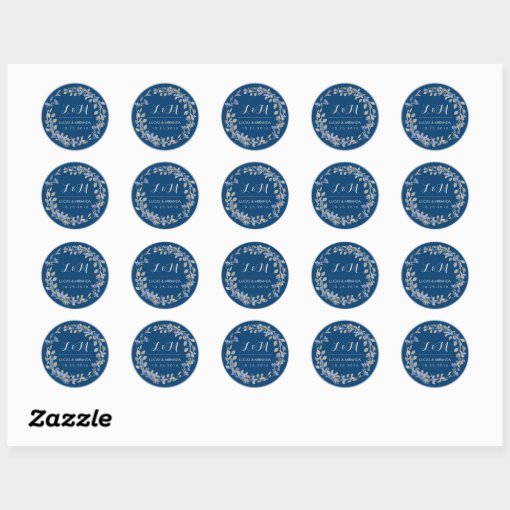 Rustic Blue Floral Wreath Wedding Favor Sticker | Zazzle