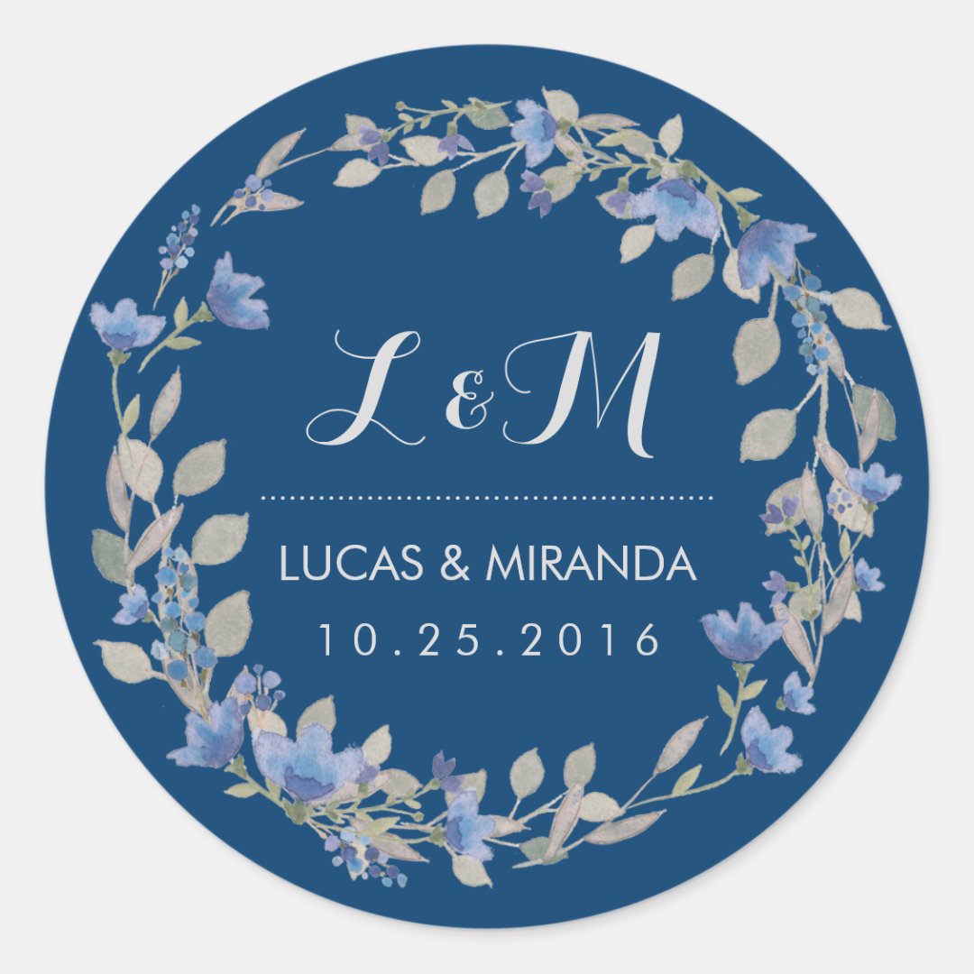 Rustic Blue Floral Wreath Wedding Favor Sticker | Zazzle