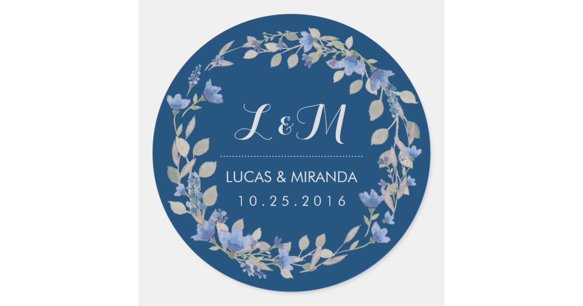 Rustic Blue Floral Wreath Wedding Favor Sticker | Zazzle