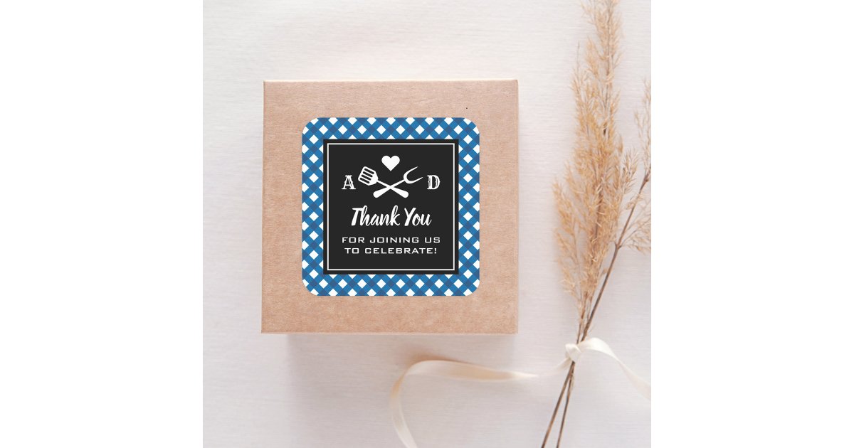 Rustic Blue Gingham BBQ Wedding Thank You Square Sticker | Zazzle