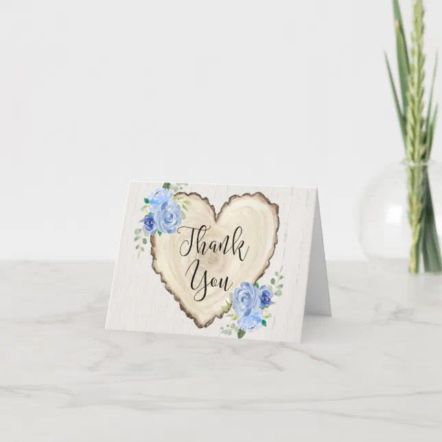 Rustic blue greenery floral woodland hearts thank you card | Zazzle