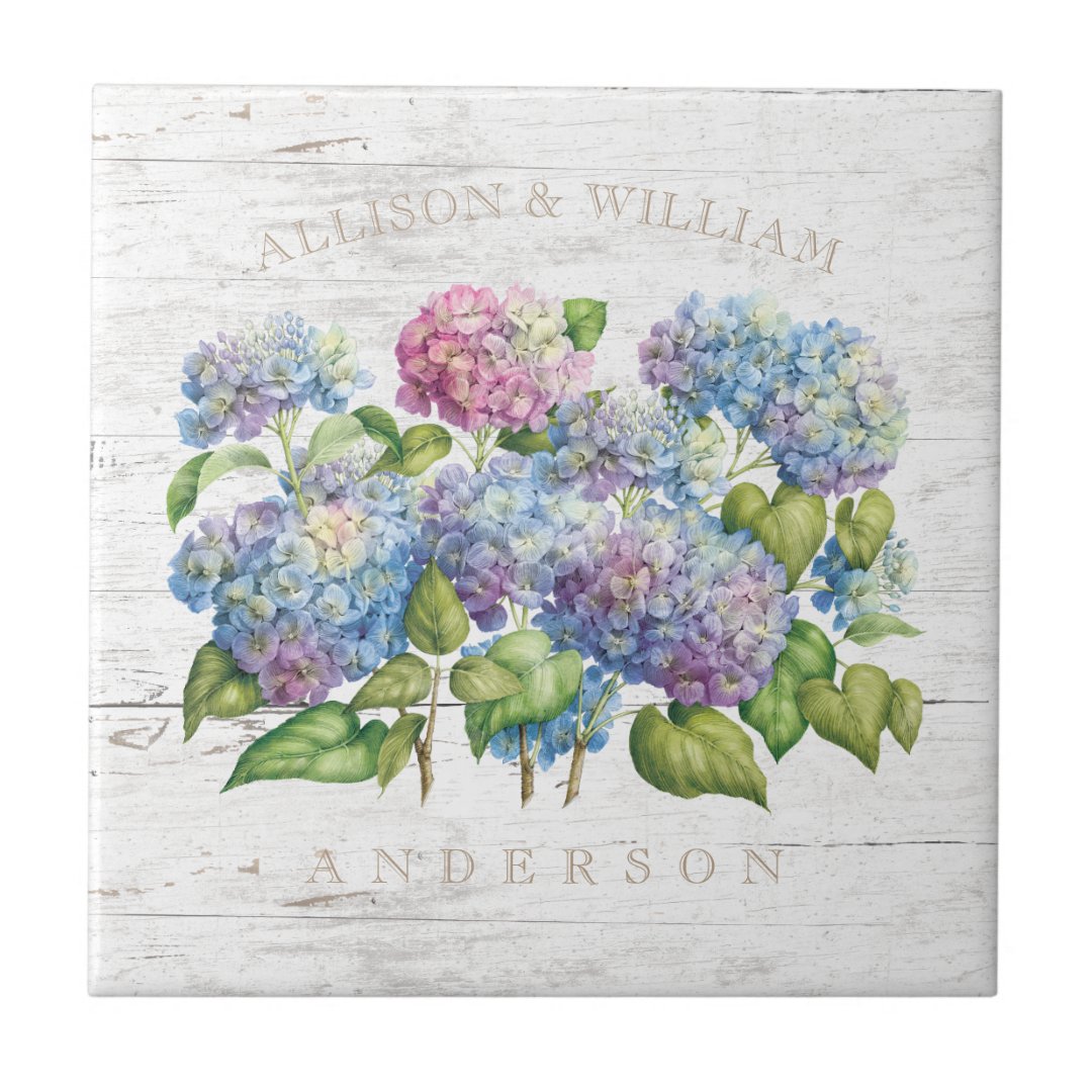 Rustic Blue Hydrangea Blooms with Wood Add Names Ceramic Tile | Zazzle