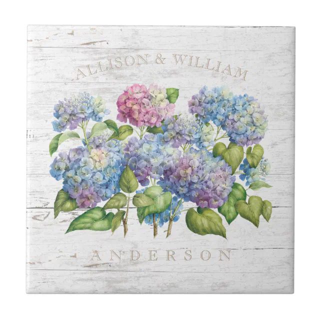 Rustic Blue Hydrangea Blooms with Wood Add Names Ceramic Tile | Zazzle