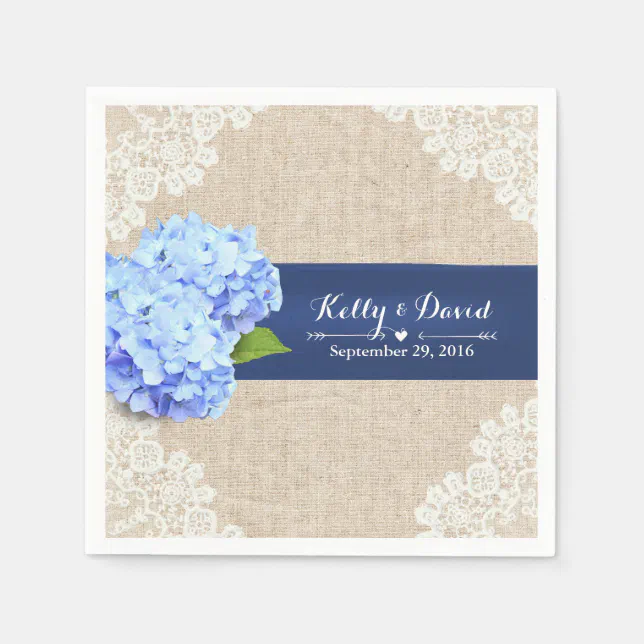Rustic Blue Hydrangea Lace & Burlap Wedding Paper Napkins | Zazzle