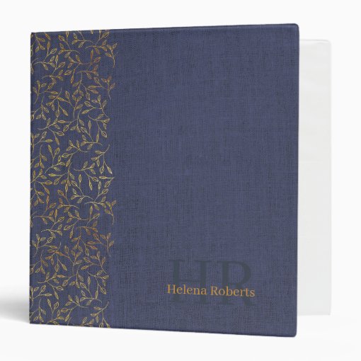Rustic Blue Linen Elegant Gold Leaf Monogrammed 3 Ring Binder | Zazzle