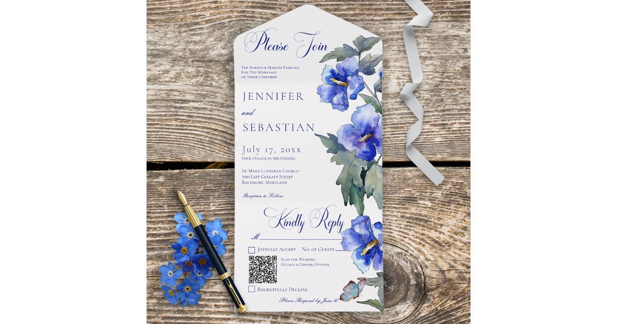 Rustic Blue Morning Glory Floral QR Code All In One Invitation | Zazzle