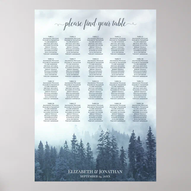 Rustic Blue Pines 20 Table Wedding Seating Chart | Zazzle