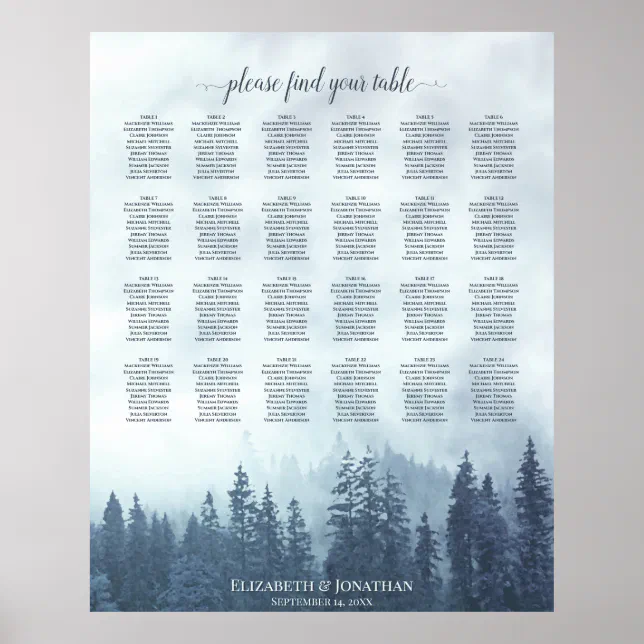 Rustic Blue Pines 24 Table Wedding Seating Chart | Zazzle