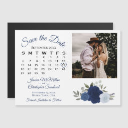 Rustic Blue Roses Calendar & Photo Save the Date Magnetic Invitation ...