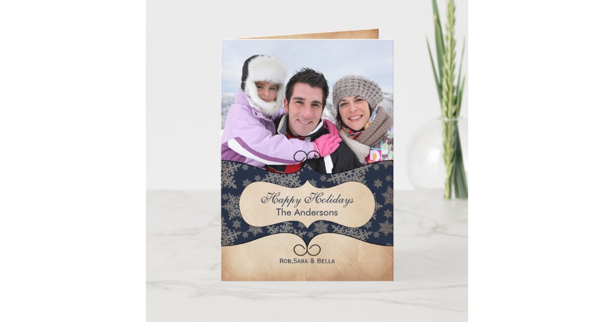 Rustic blue snowflakes photo Holiday cards | Zazzle