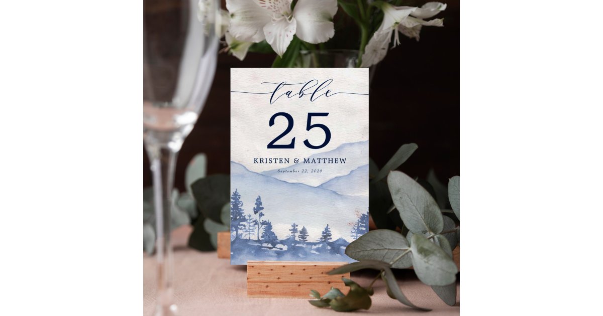 Rustic Blue Watercolor Mountain Wedding Table Number | Zazzle