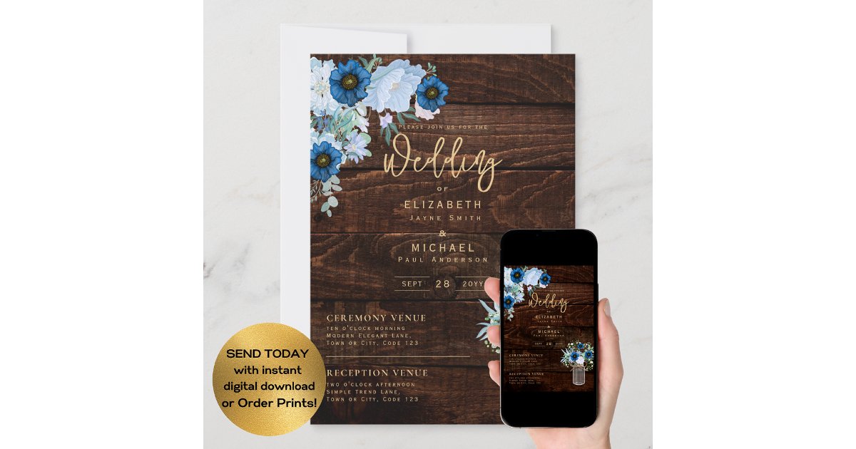 Rustic Blue Wedding Instant Digital Download Invitation | Zazzle