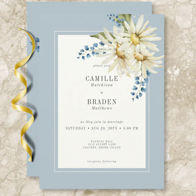 Rustic Blue & White Daisies Wedding Invitation | Zazzle