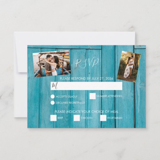 Rustic Blue Wood 3 Photos Wedding RSVP Cards | Zazzle.com
