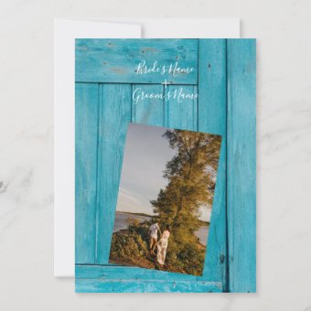 Rustic Blue Wood 4 Photos Wedding Invitations | Zazzle