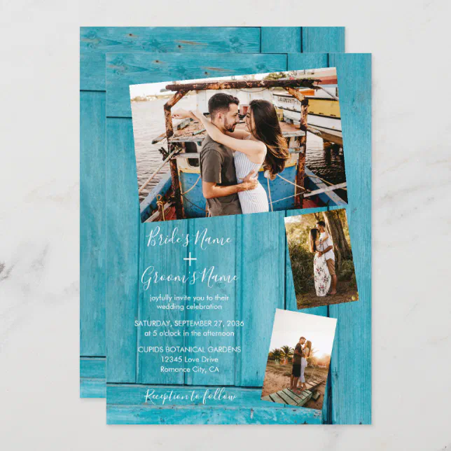 Rustic Blue Wood 4 Photos Wedding Invitations | Zazzle