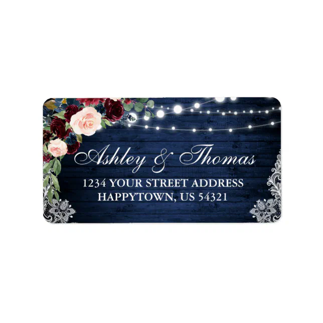Rustic Blue Wood Burgundy Blue Floral Address Label | Zazzle
