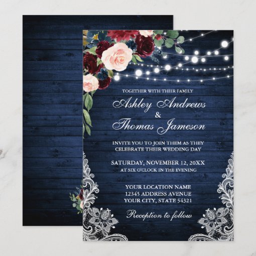 Rustic Blue Wood Burgundy Blue Floral Wedding Invitation | Zazzle