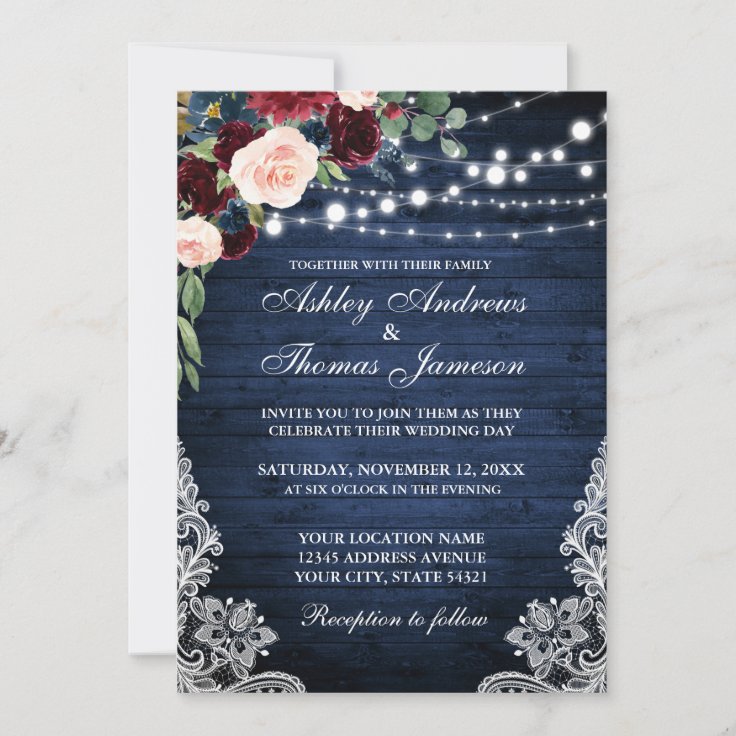 Rustic Blue Wood Burgundy Blue Floral Wedding Invitation | Zazzle
