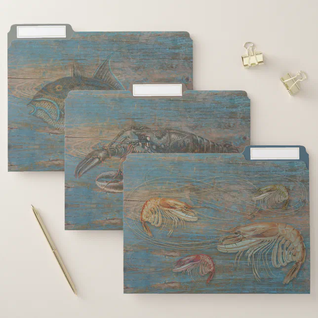 Rustic Blue Wood Fish Lobster Shrimp File Folder | Zazzle